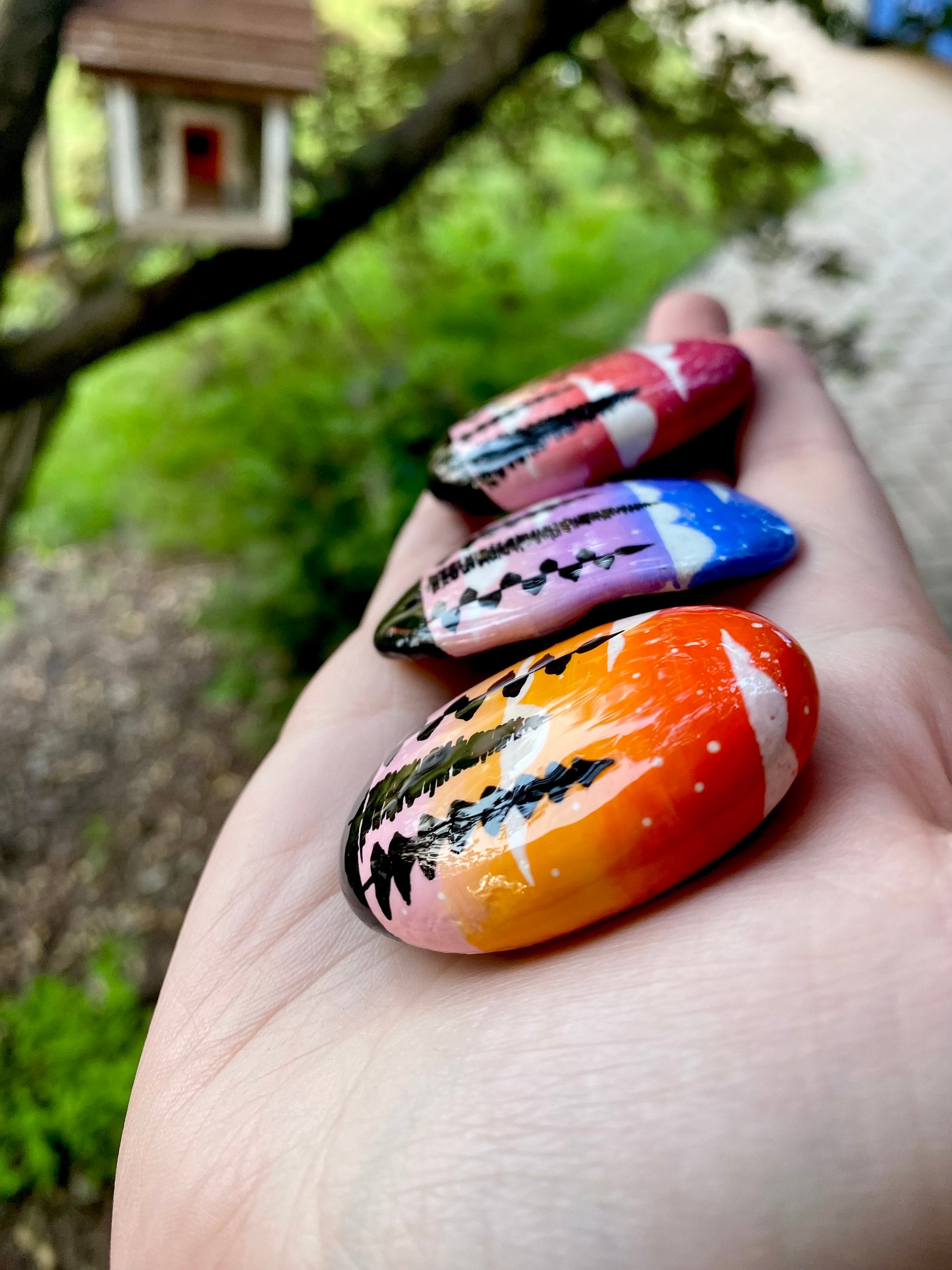 Set of 3 Painted Tree Scenery Rocks Colourful Stones for Outdoors ...