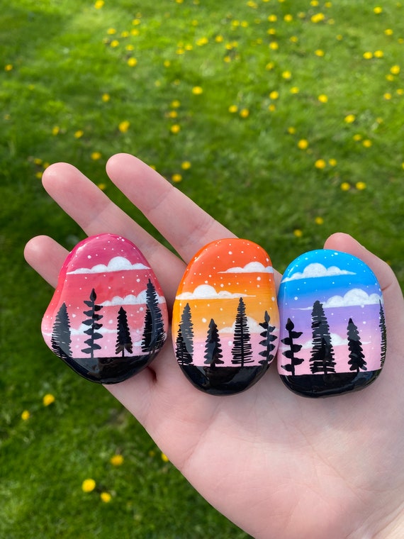Set of 3 Painted Tree Scenery Rocks Colourful Stones for | Etsy