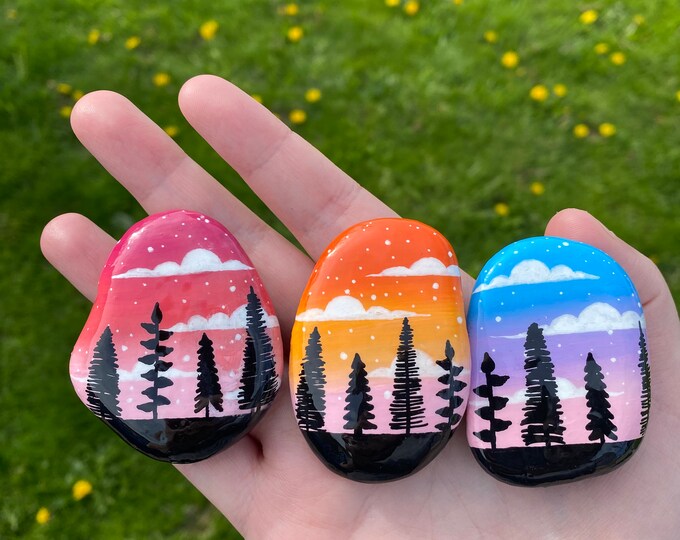 Set of 3 Painted Tree Scenery Rocks Colourful Stones for - Etsy