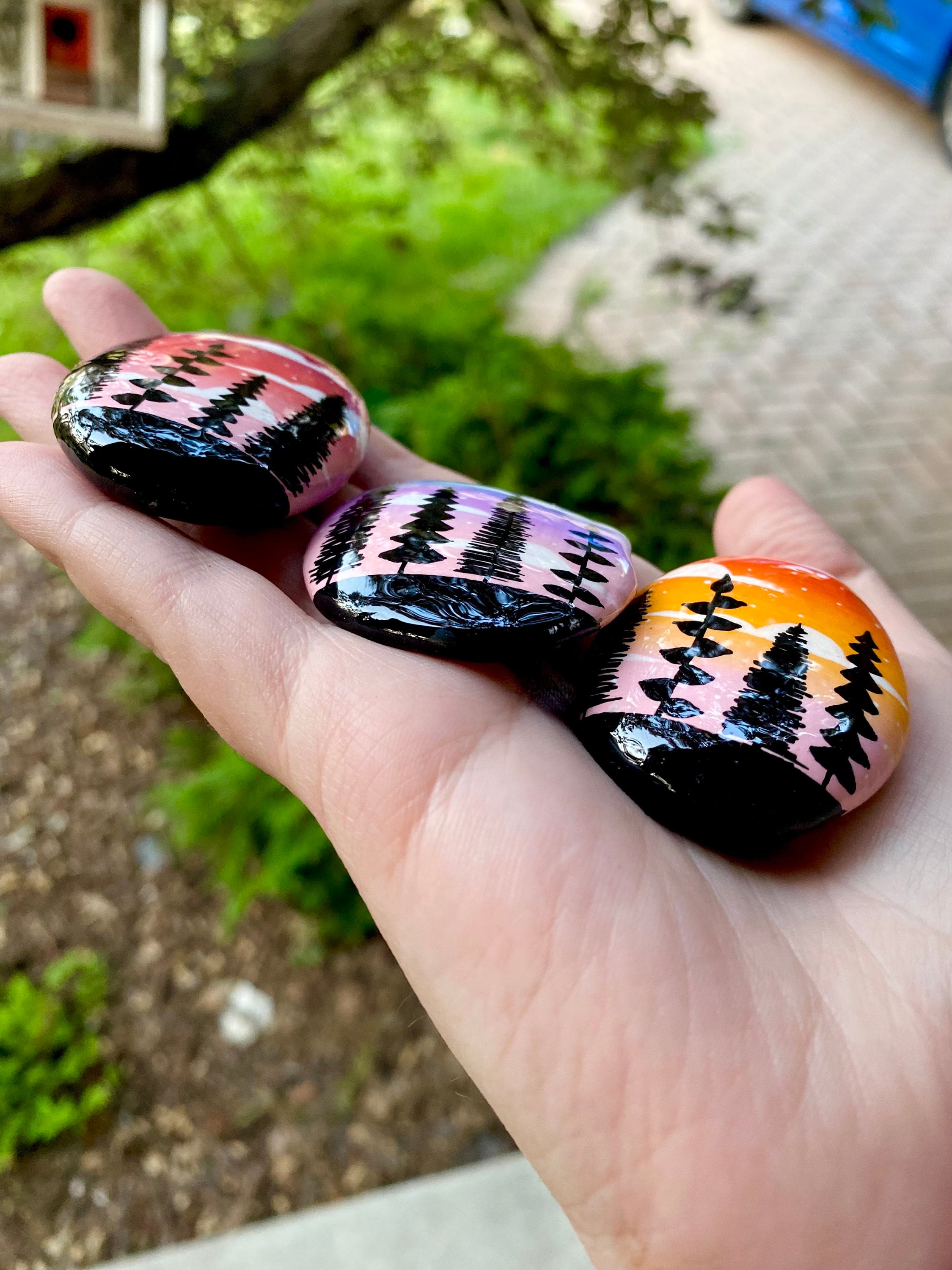 Set of 3 Painted Tree Scenery Rocks Colourful Stones for Outdoors ...