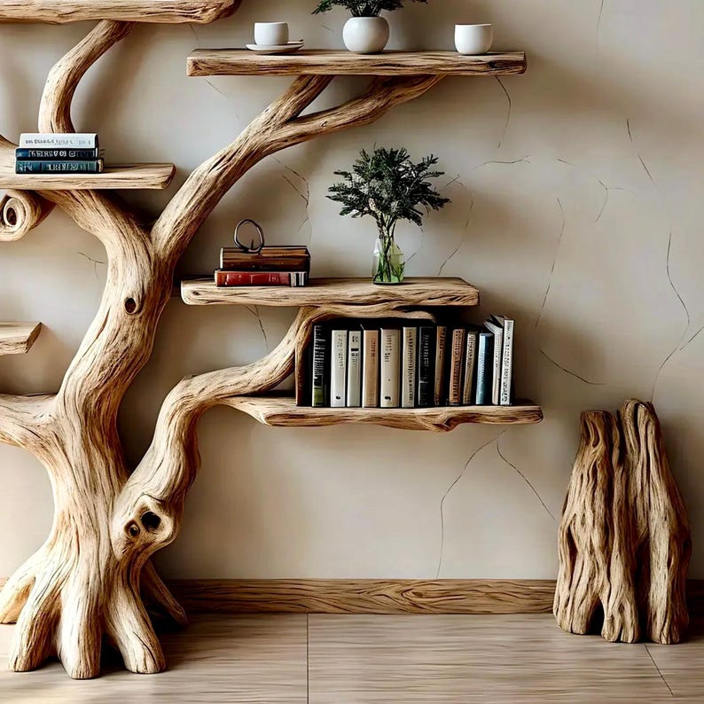 Natural Pine Branch Bookshelf – Handmade Wooden Decorative Library ...