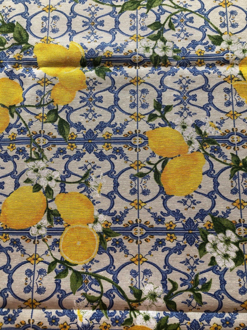Lemon Tablecloth | Lemon on Blue Tiles | Linens Made in Italy | Lemon ...