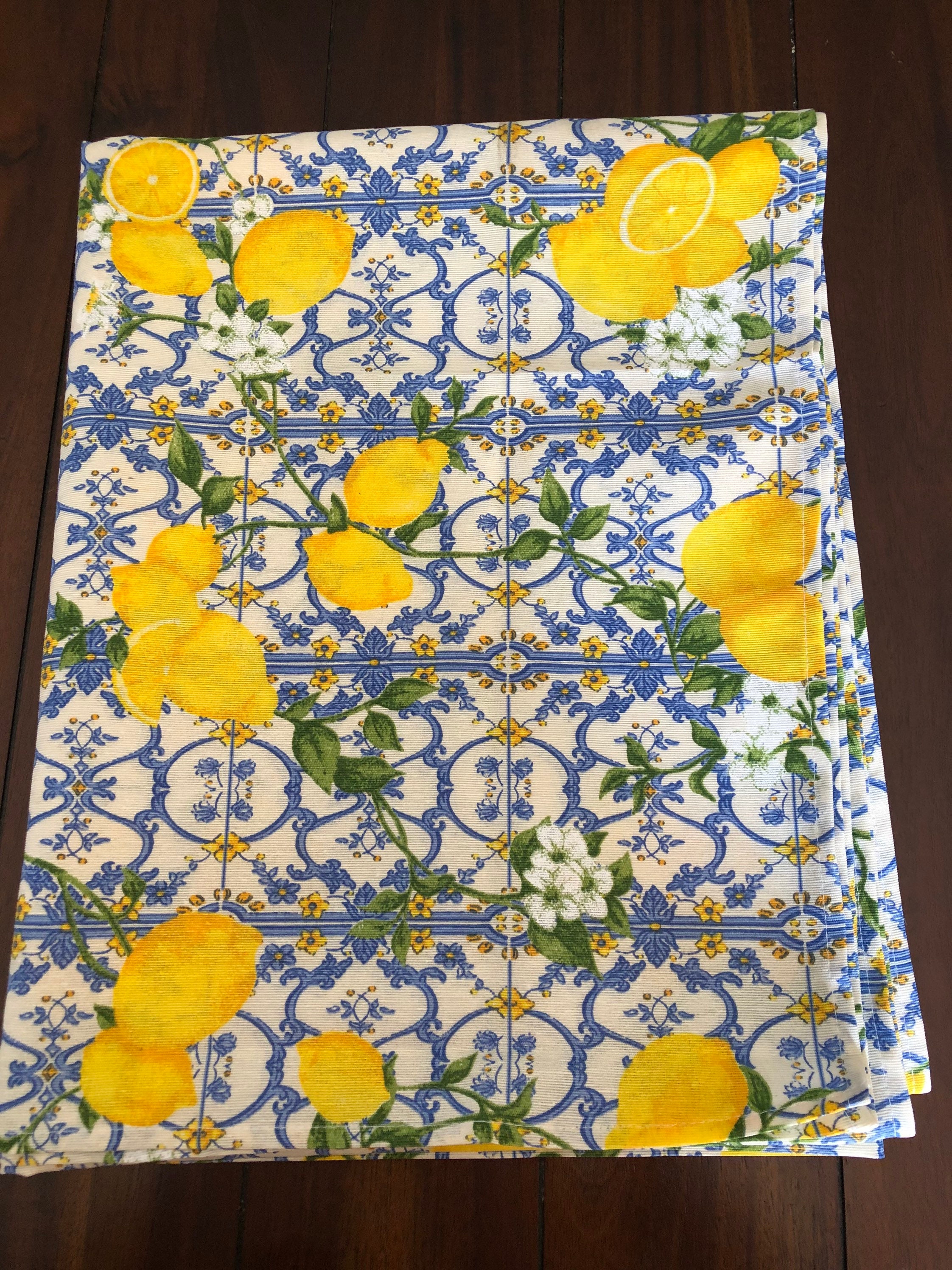Lemon Tablecloth | Lemon on Blue Tiles | Linens Made in Italy | Lemon ...