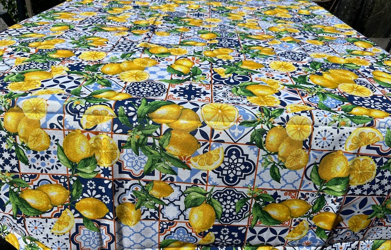 Lemon Tablecloth | Italian Majolica Tile Print, 100% Cotton - Etsy