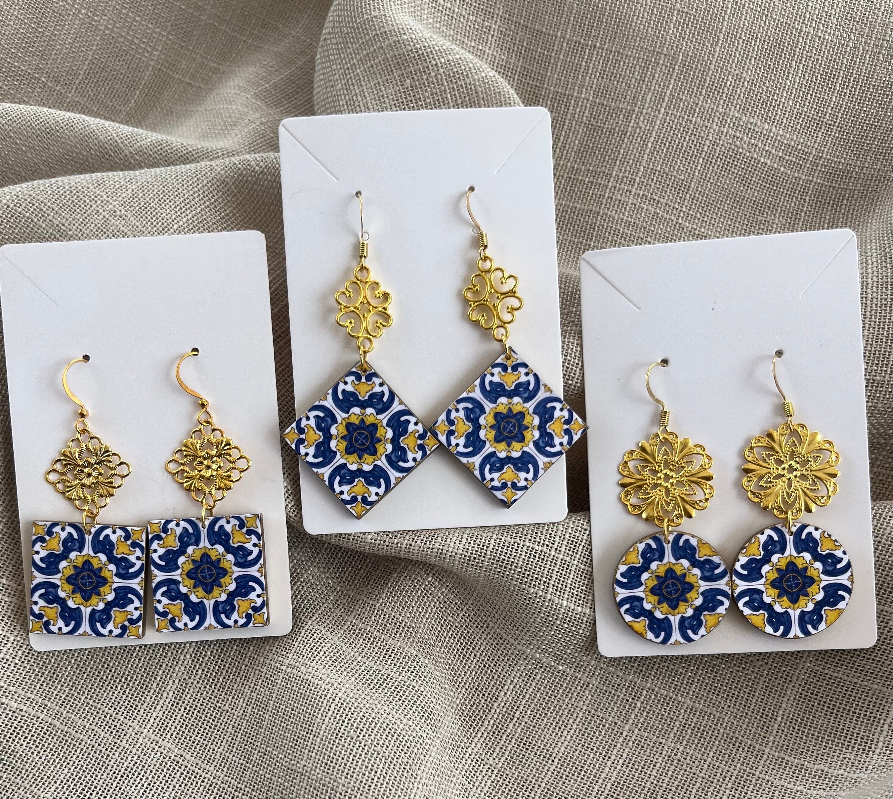 Italian Tile Earrings – Mediterranean Blue Gold Statement Earrings ...