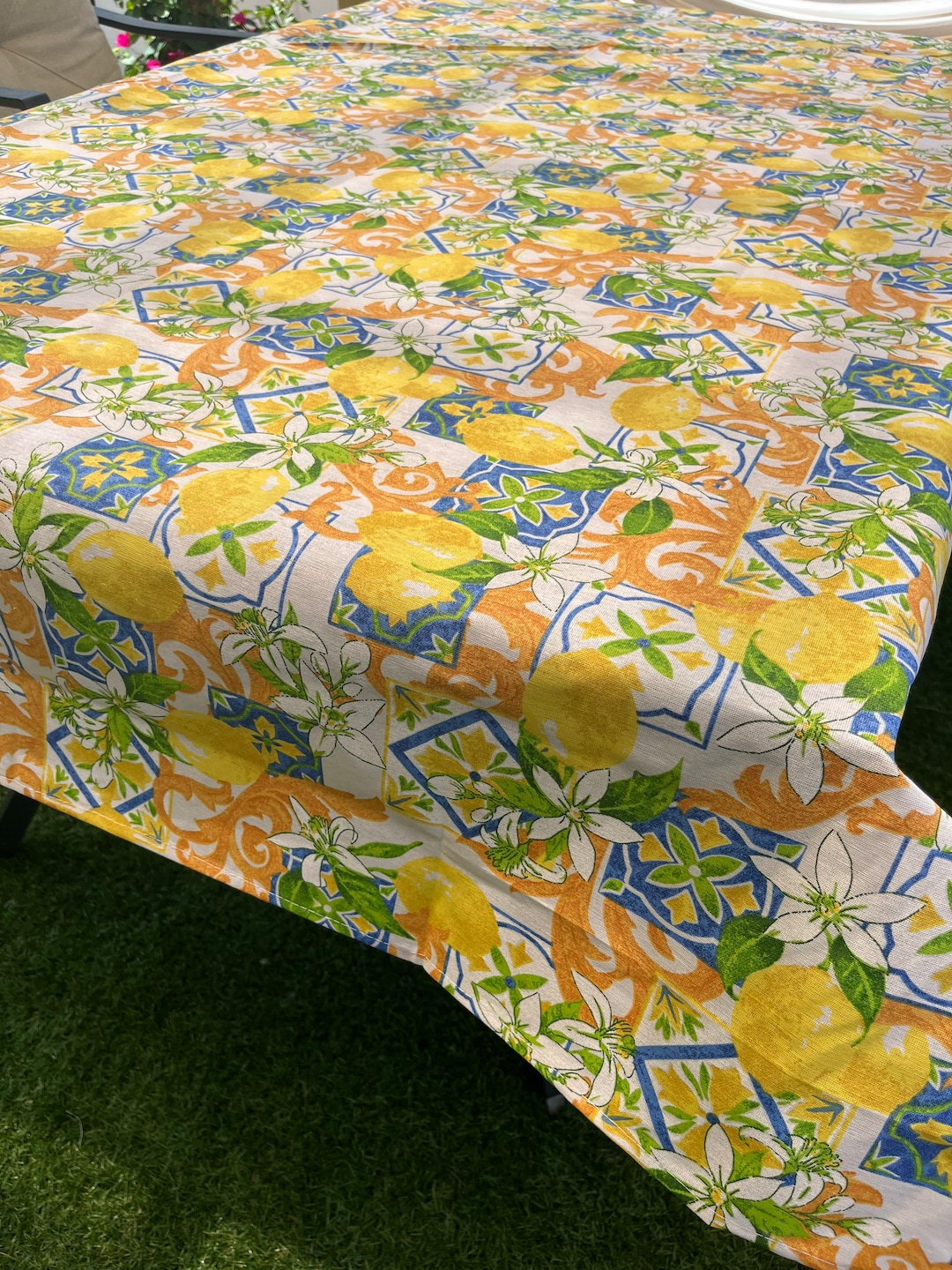 Lemon Tablecloth | Italian Tablecloths | Orange Majolica Tiles Fabric ...