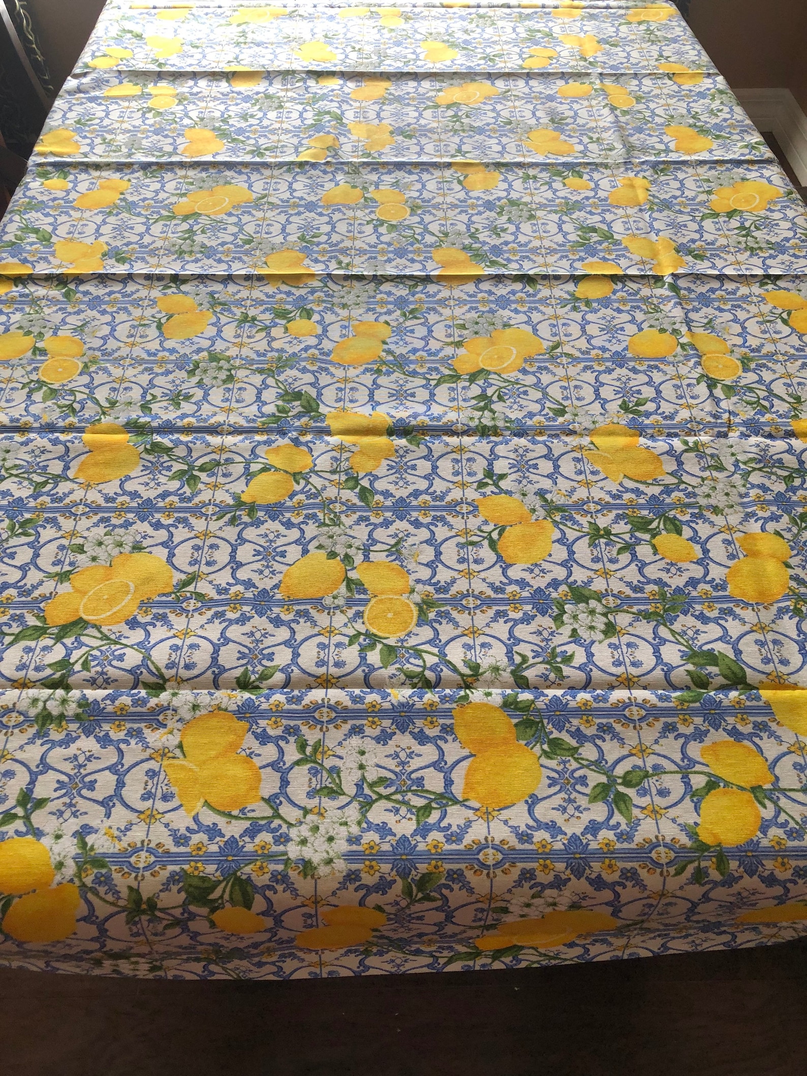 Lemon Tablecloth Lemon on Blue Tiles Linens Made in Italy Lemon Pattern ...