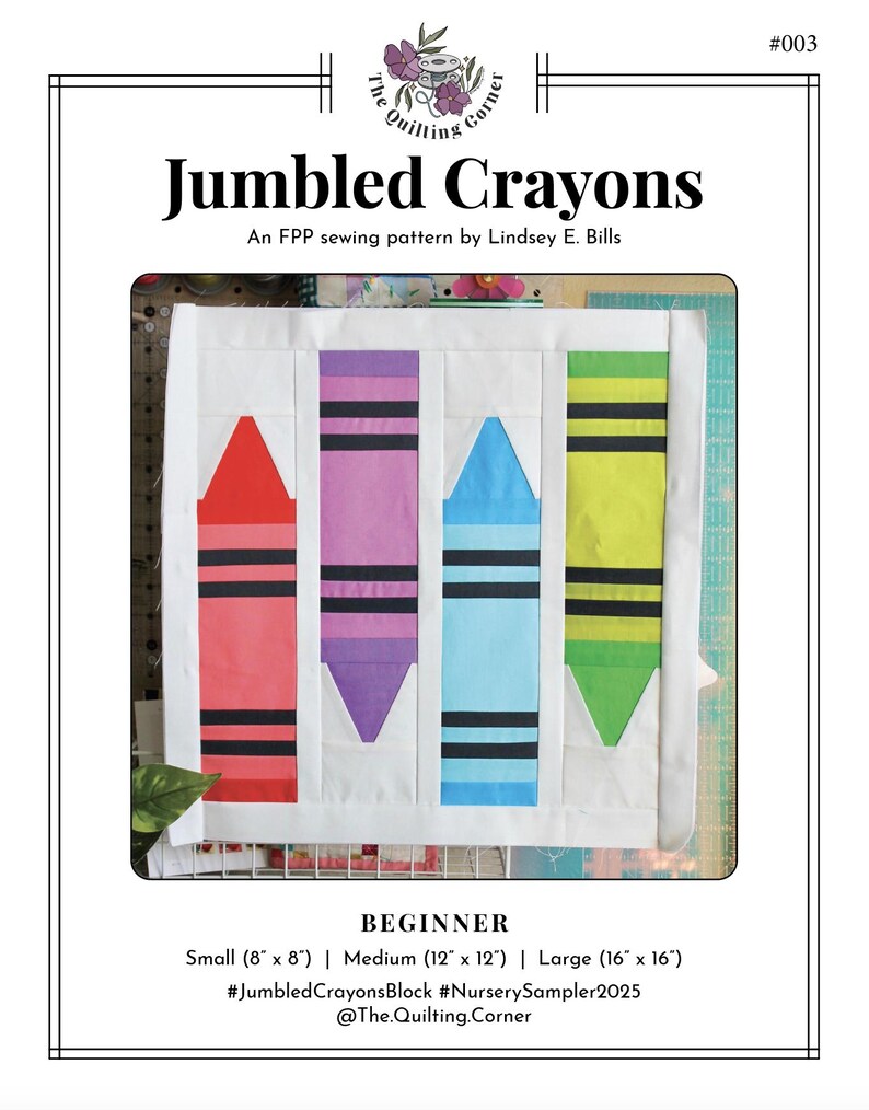 Jumbled Crayons FPP Quilt Block Pattern by the Quilting Corner ; 8"x8 ...