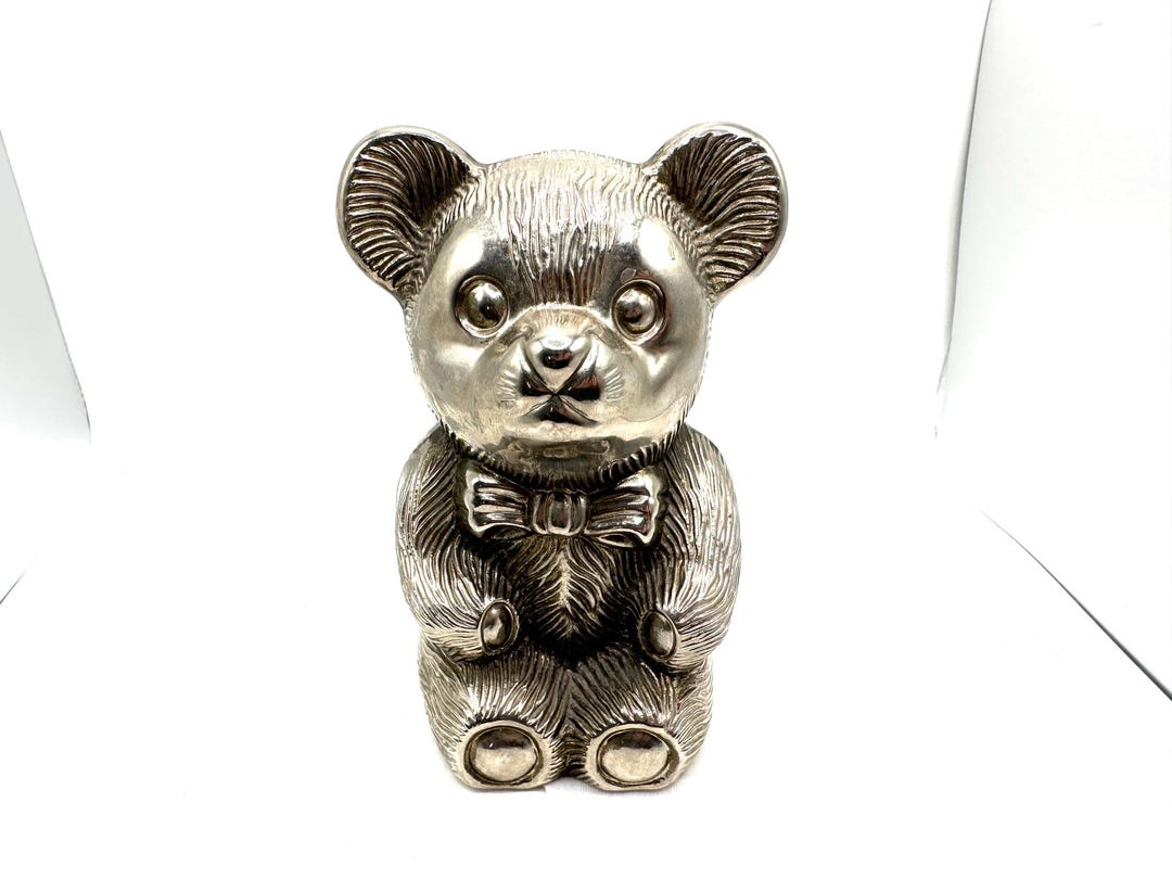 Vintage Silver Metal Teddy Bear Coin Bank With Stopper, Super Cute Bear ...