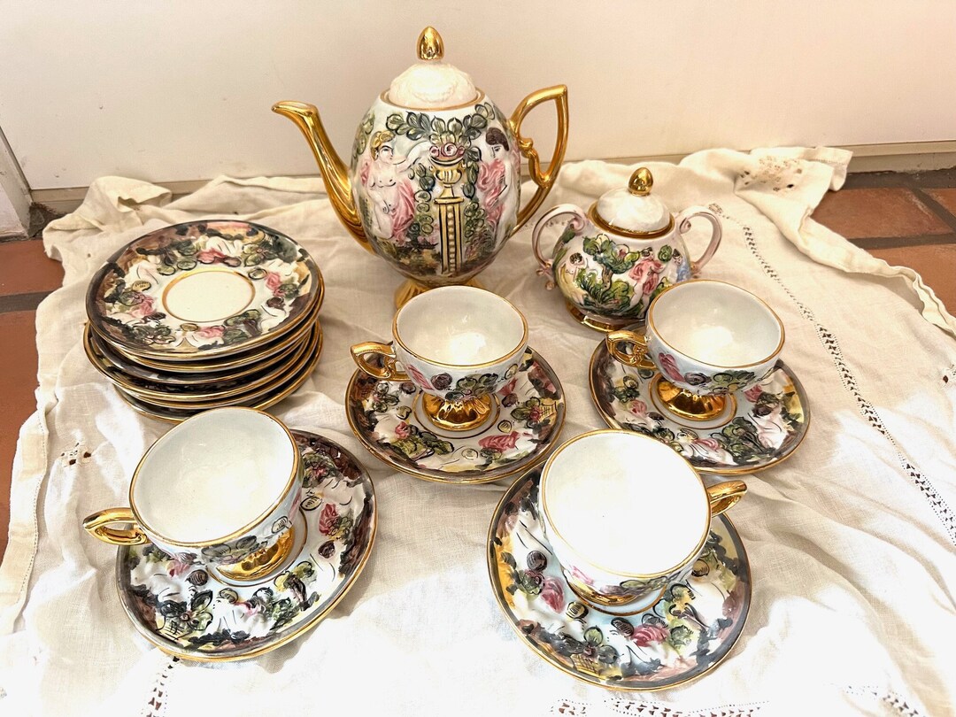 Vintage Gilded Capodimonte Italy Tea Set, 18 Pieces, Raised Female ...