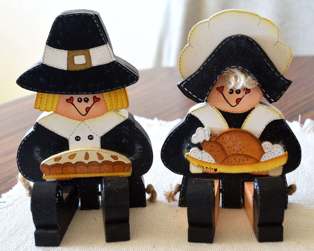 Hand Painted, Whimsical Primitive Pilgrim Couple Shelf Sitters With ...