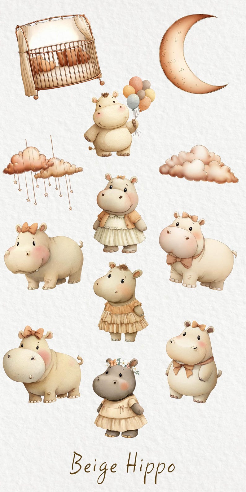 Beige Hippo Watercolor Clipart, 24 PNG Boho Theme, Neutral Safari ...