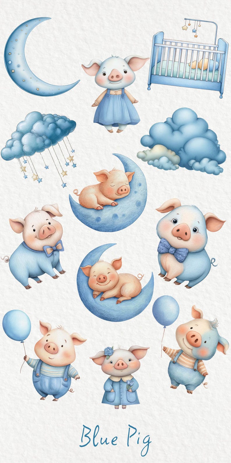 Blue Pig Watercolor Clipart, 24 PNG Transparent, Cute Farm Animal ...