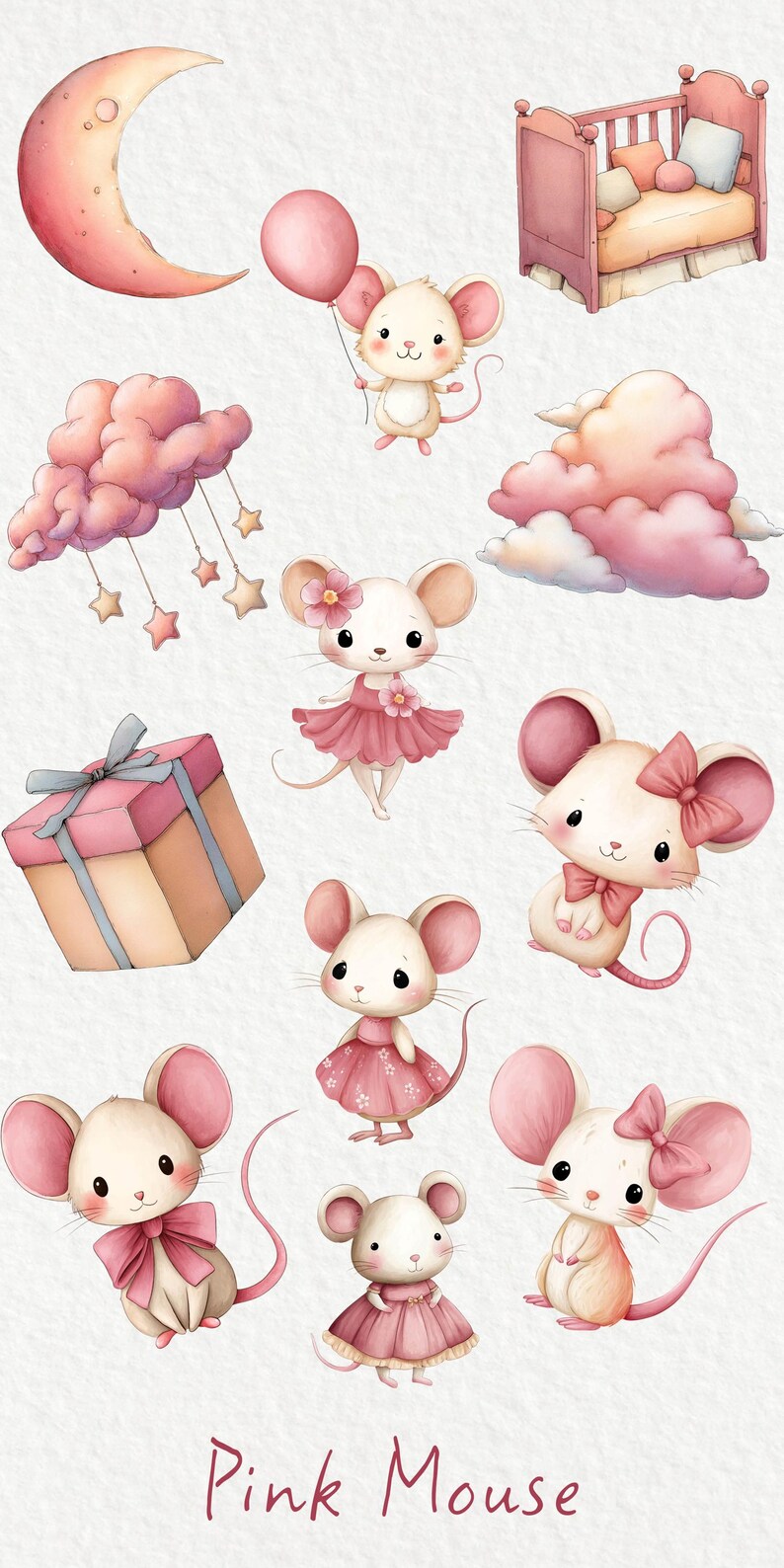 Pink Mouse Watercolor Clipart, 24 PNG Transparent, Cute Fairy Mouse ...