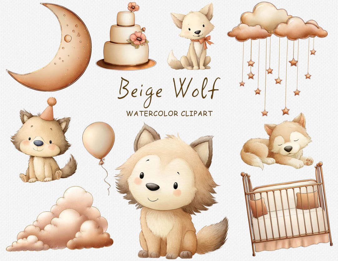 Beige Wolf Watercolor Clipart, 24 PNG Cute Brown Wolf, Neutral Baby ...