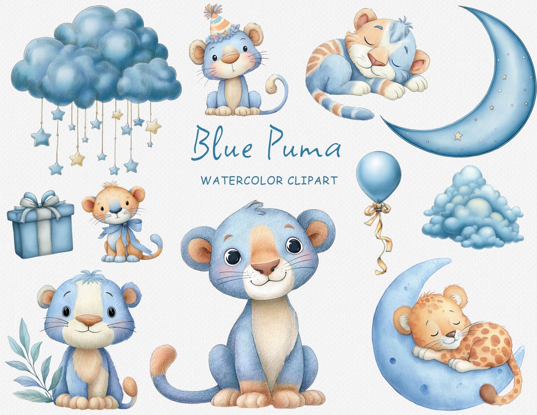 Blue Puma Watercolor Clipart, 24 PNG Transparent, Cute Wild Cat, Safari ...