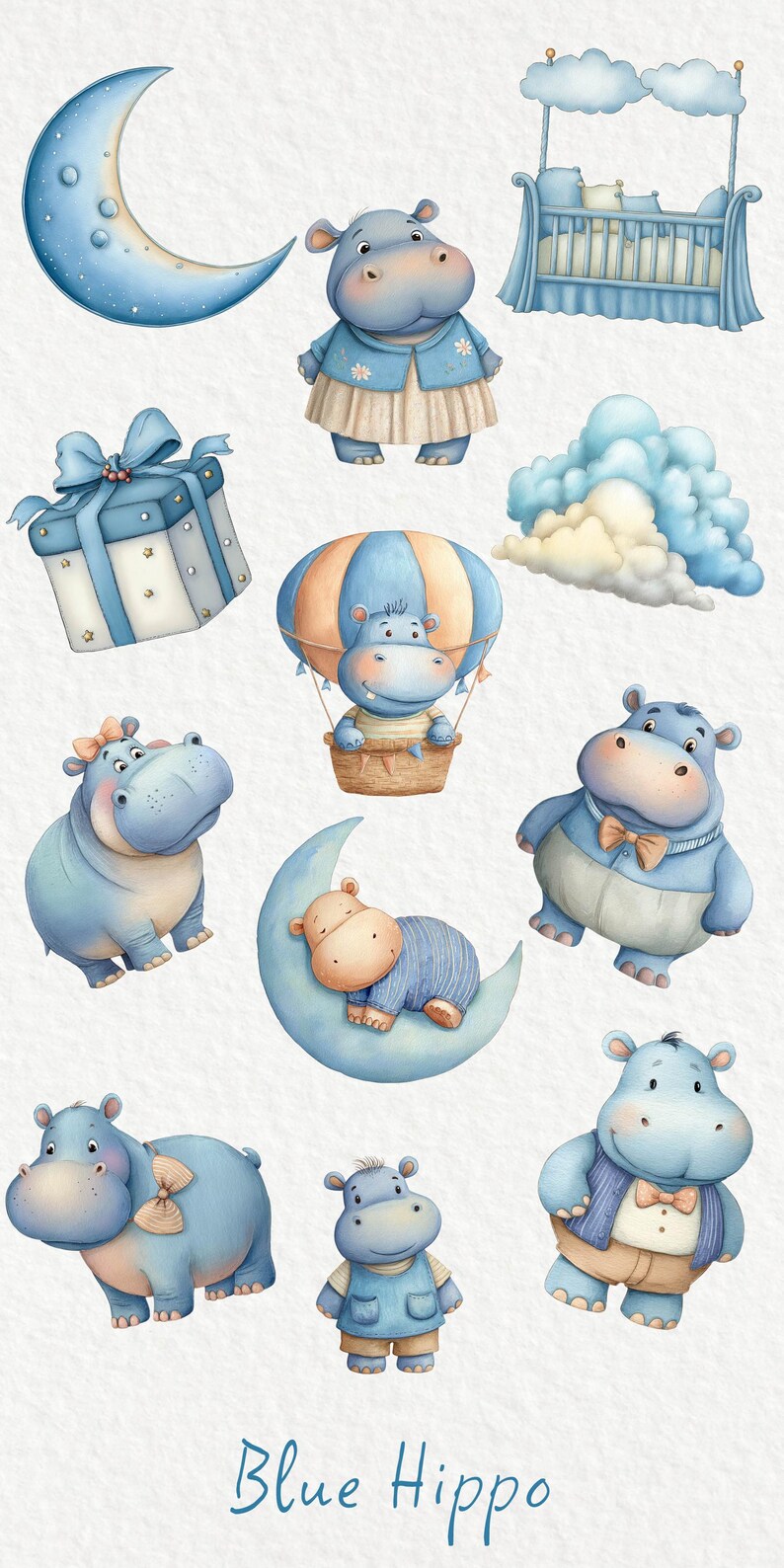 Blue Hippo Watercolor Clipart, 24 PNG Transparent, Cute Baby ...