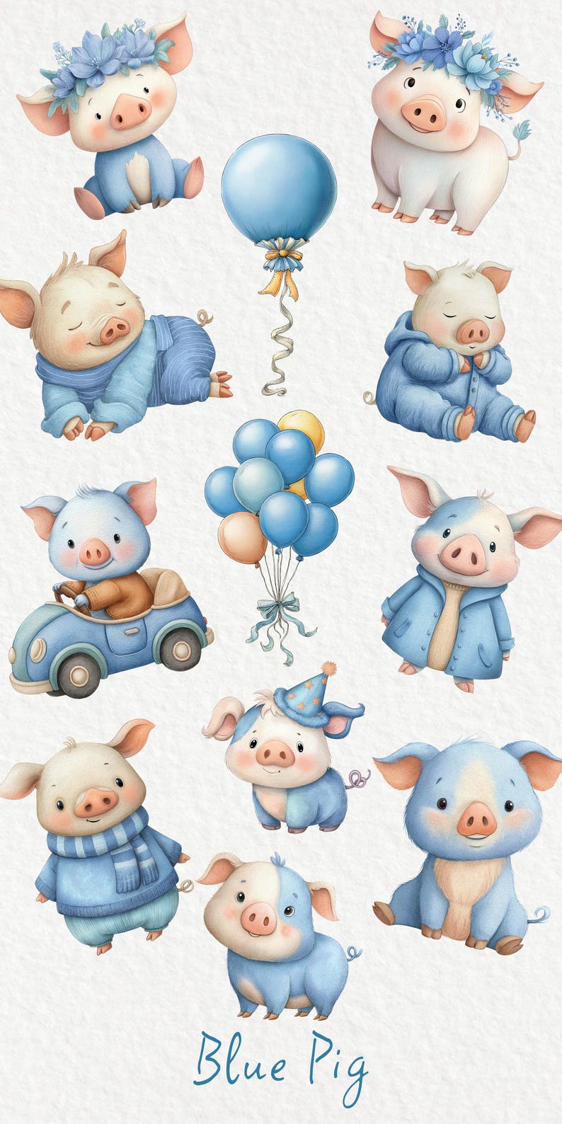 Blue Pig Watercolor Clipart, 24 PNG Transparent, Cute Farm Animal ...