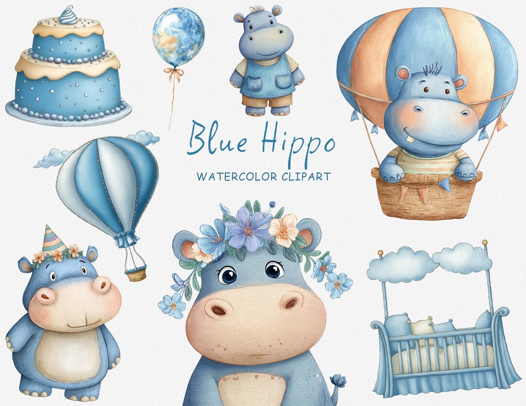 Blue Hippo Watercolor Clipart, 24 PNG Transparent, Cute Baby ...