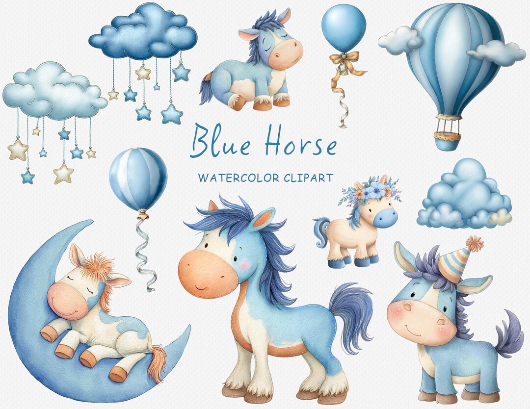 Cute Blue Horse Clipart, Watercolor PNG Collection, Baby Animal Bundle ...