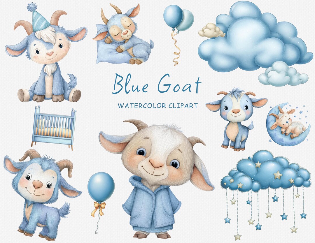 Blue Goat Watercolor Clipart, 24 PNG Transparent, Cute Farm Animal ...