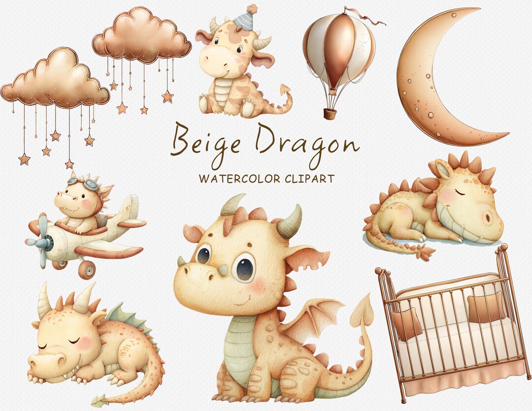 Beige Dragon Watercolor Clipart, 24 PNG Fairytale Images, Neutral Cute ...