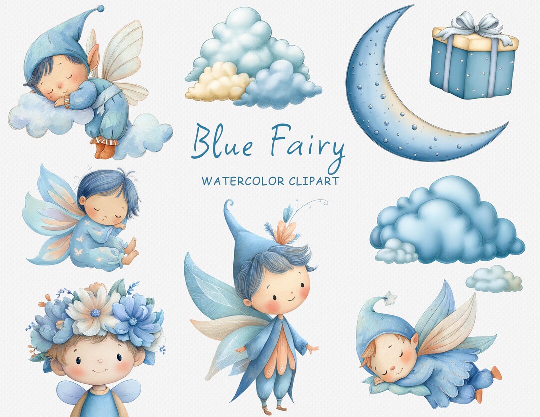 Blue Fairy Watercolor Clipart, 24 PNG Transparent, Cute Magical Pixie ...