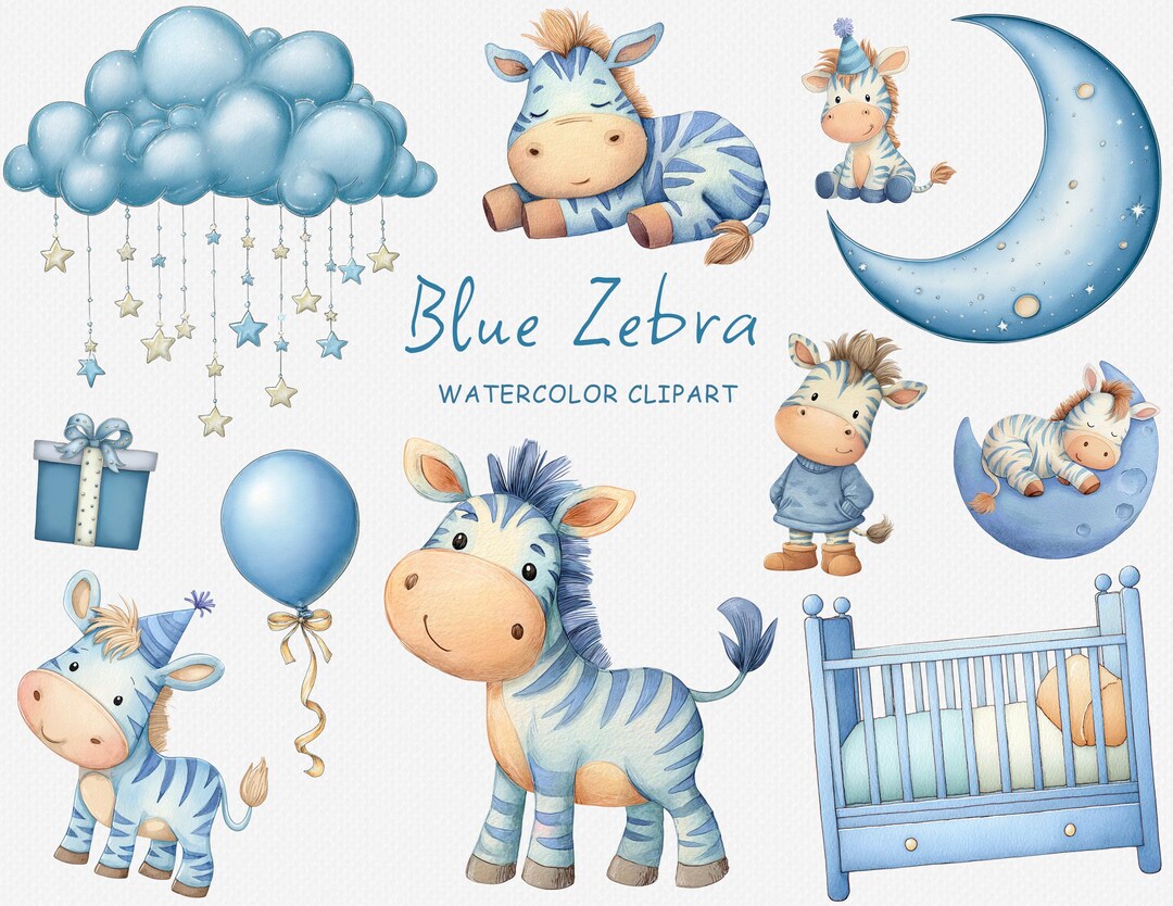 Blue Zebra Watercolor Clipart, 24 PNG Transparent, Cute Safari Animal ...