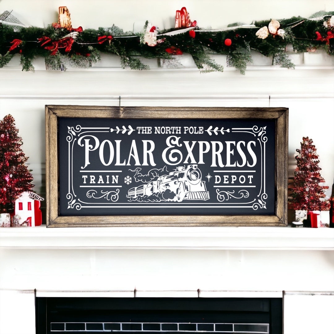 The North Pole Polar Express Train Depot Holiday Black Reverse Canvas ...