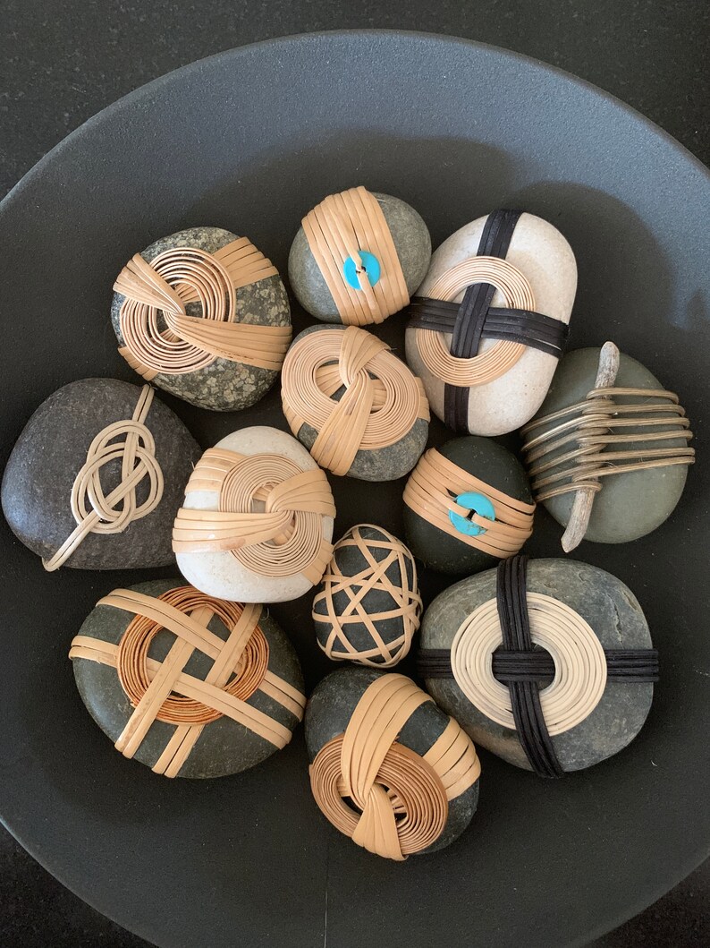 Wrapped Rock: Random Natural Cane Weave, Zen Desk Decor - Etsy