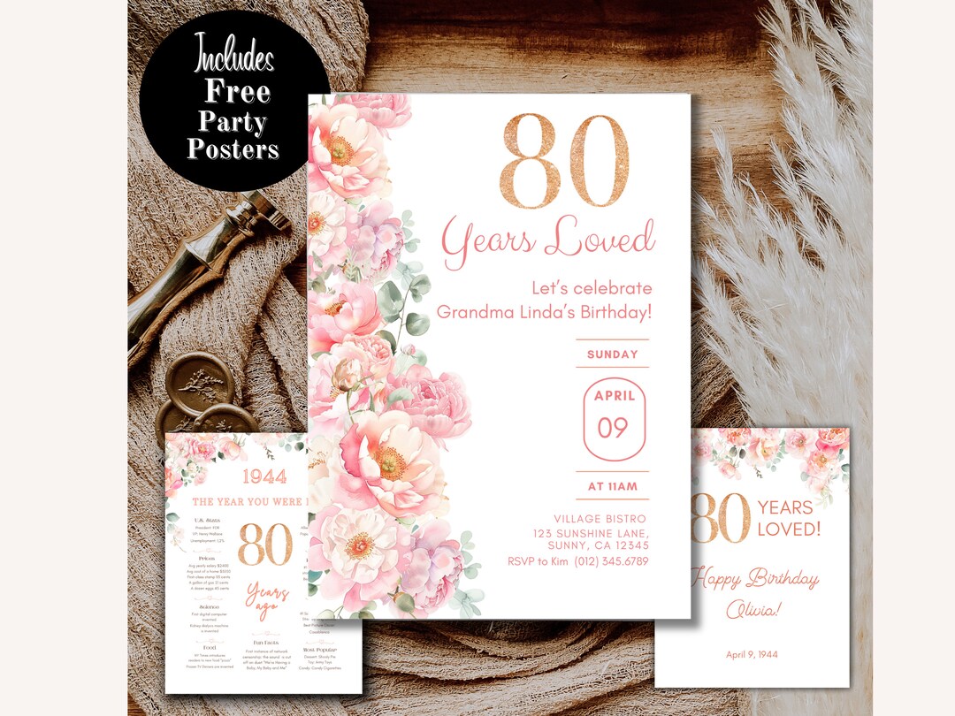 80th BIRTHDAY INVITATION 80 Years Loved Birthday Party Invite Digital ...