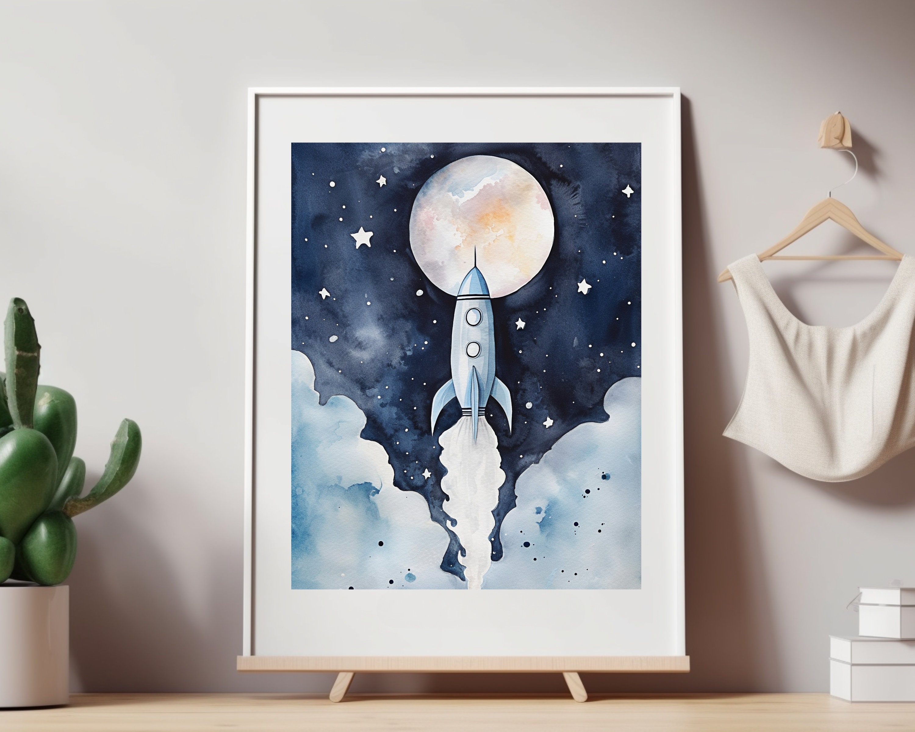 Rocket Ship and Moon Watercolor Painting High-resolution - Etsy
