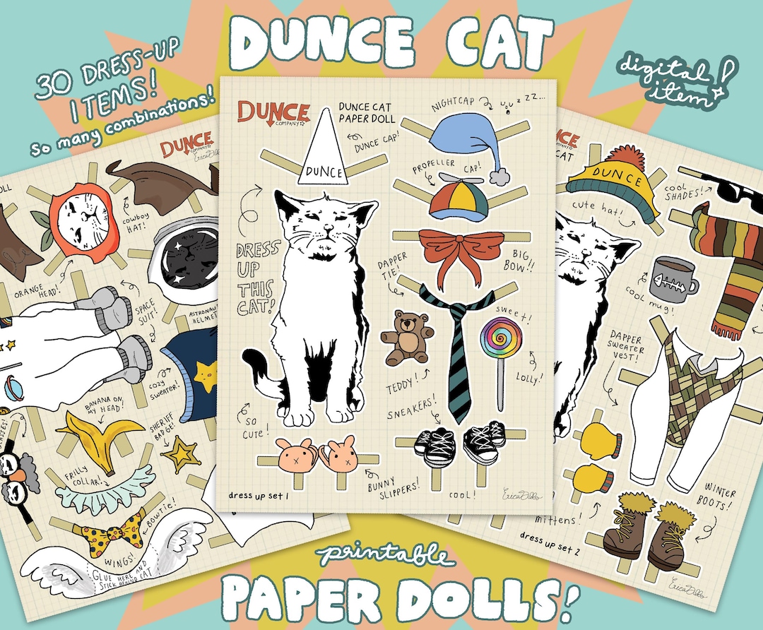 Dunce Cat Paper Doll: Dress-up Printable Toy (digital Download) - Etsy