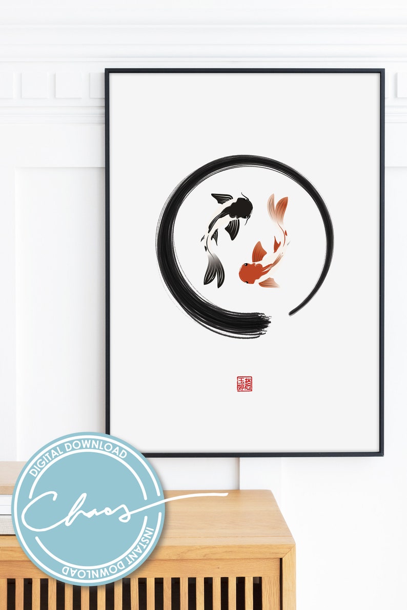 Digital ENSO KOI FISH Wall Art - Yin Yang Fish Artwork - Enso Circle ...