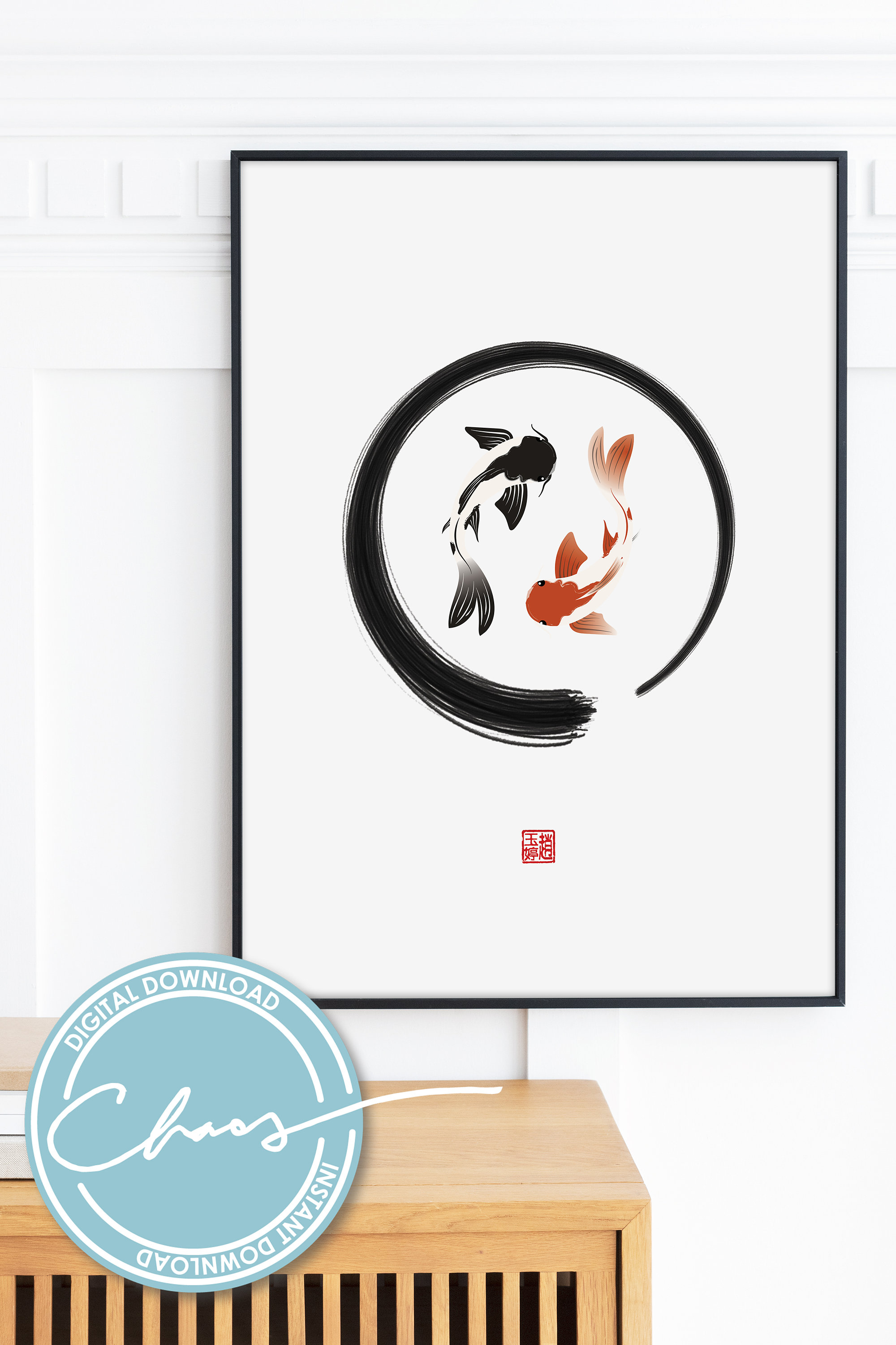 Digital ENSO KOI FISH Wall Art - Yin Yang Fish Artwork - Enso Circle ...