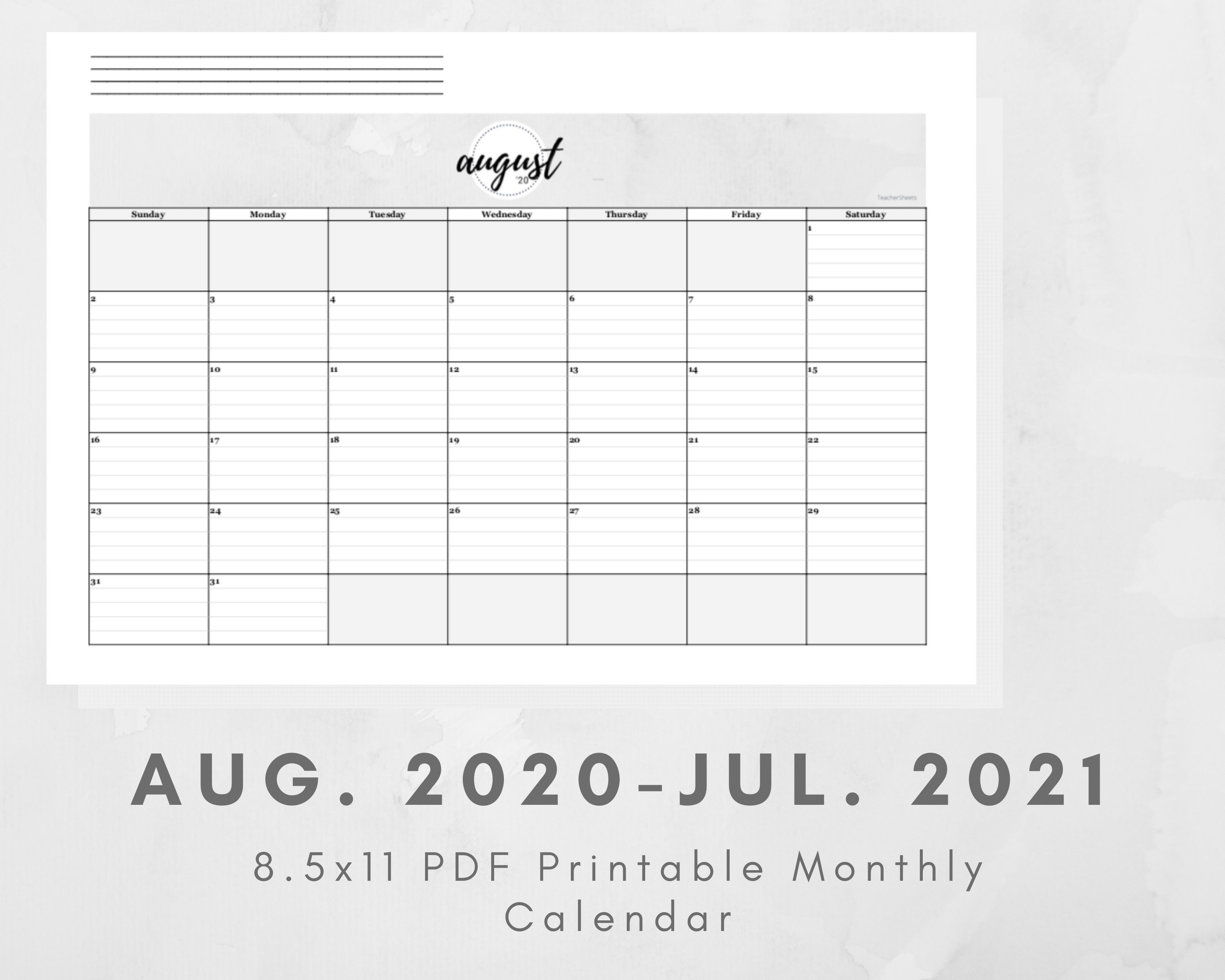 Printable Aug. 2020-jul 2021 8.5x11 Letter Size Marble Water Color ...
