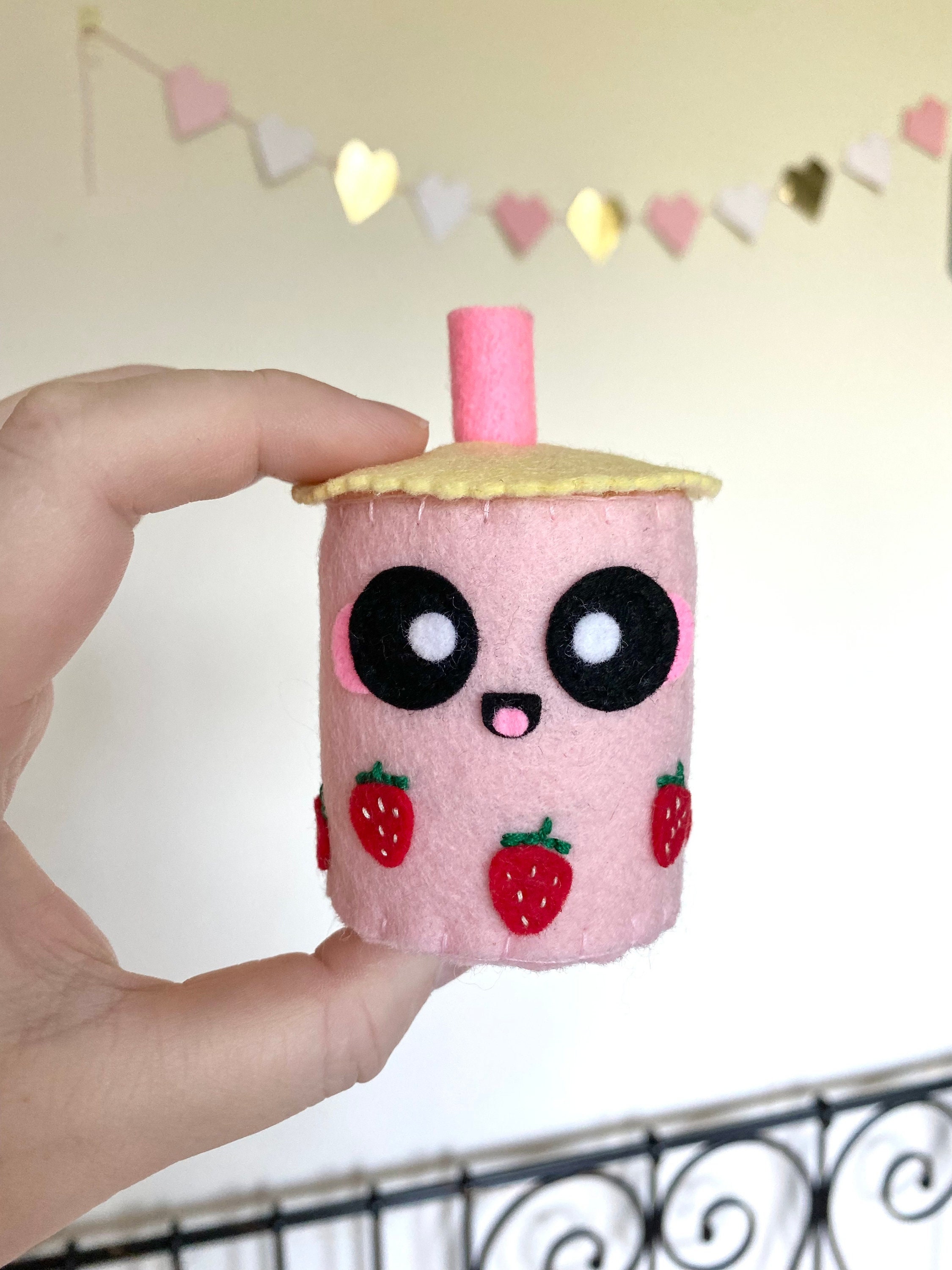 Pink Bubble Tea Plushie, Strawberry Boba, Milkshake Art Toy, Handmade ...