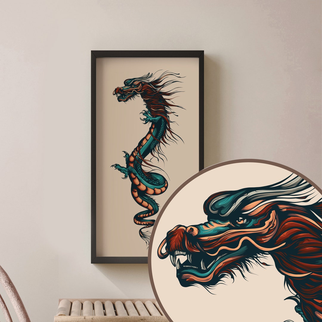 Azure Dragon Canvas Wall Art - Feng Shui Dragon Poster - Bluegreen ...