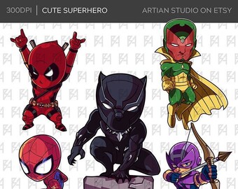Chibi Cute Superhero Clipart Bundle, Super Heroes PNG File, 300 DPI - Etsy