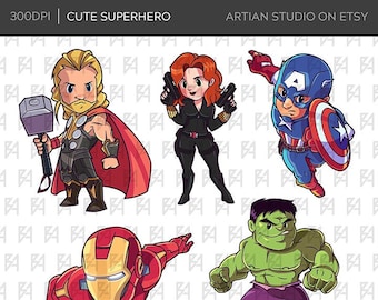Chibi Cute Superhero Clipart Bundle, Super Heroes PNG File, 300 DPI - Etsy
