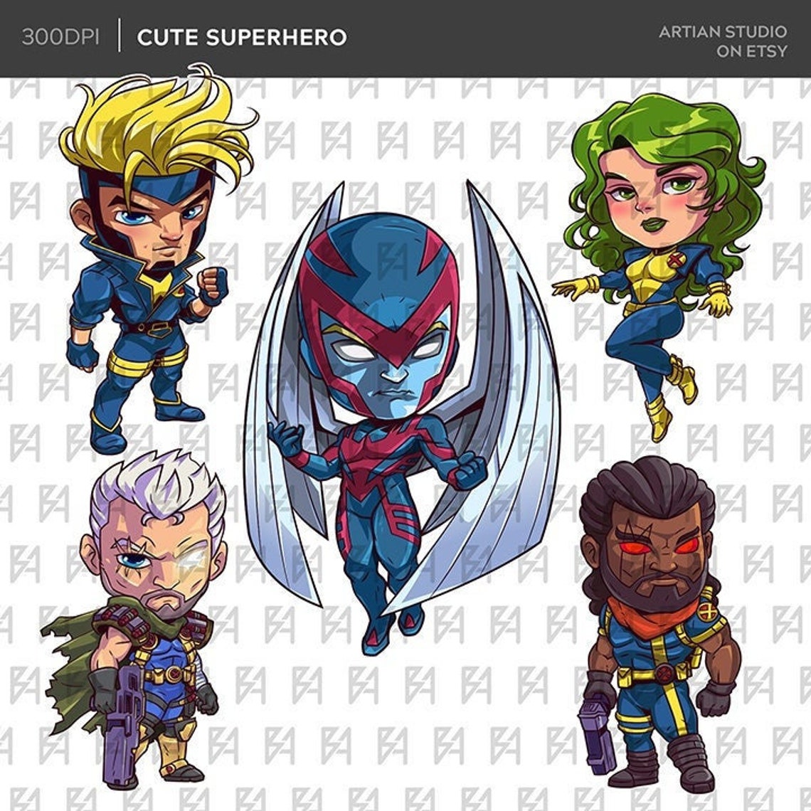 Chibi Cute Superhero Clipart Bundle, Super Heroes PNG File, 300 DPI ...