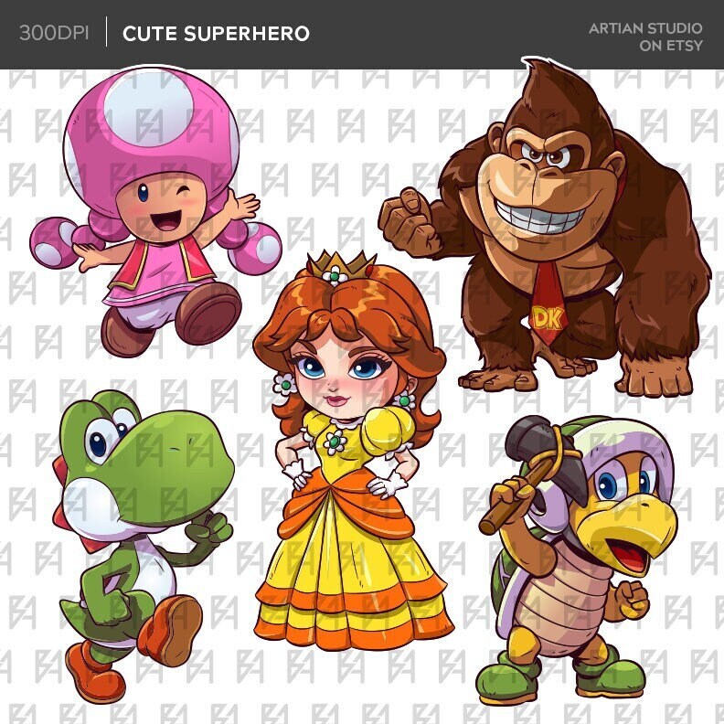 Cute Super Mario Clipart Bundle, Chibi Character Clipart Bundle, Super ...