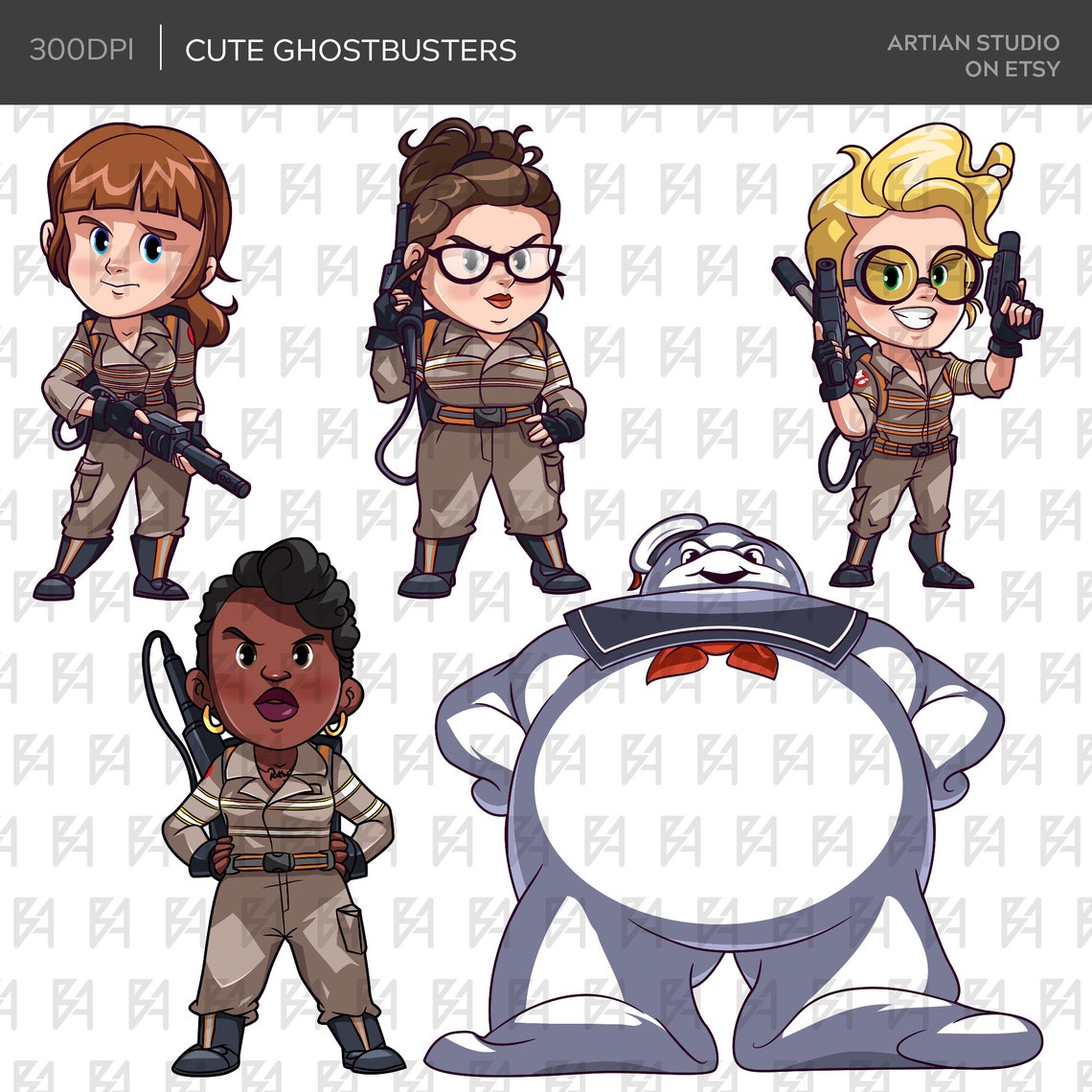 Cute Ghostbusters Clipart Bundle Chibi Ghostbuster Girls | Etsy