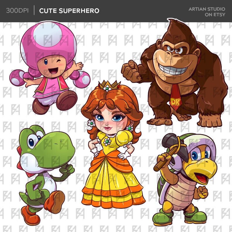 Cute Super Mario Clipart Bundle, Chibi Character Clipart Bundle, Super ...