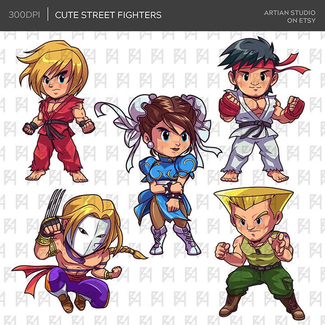 Cute Chibi Fighter Characters Clipart Bundle, Video Game Digital ...