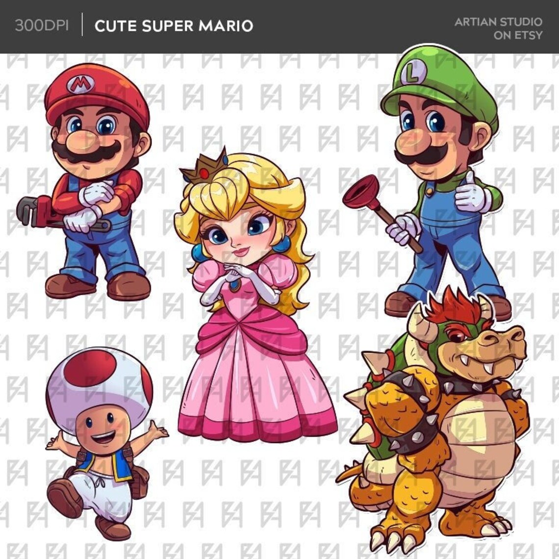 Cute Super Mario Clipart Bundle, Chibi Character Clipart Bundle, Super ...