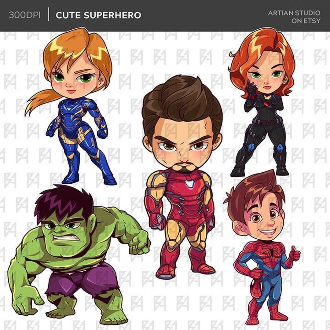 Chibi Cute Superhero Clipart Bundle, Super Heroes PNG File, - Etsy