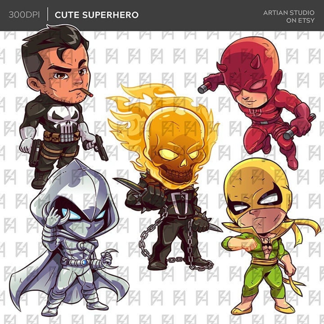 Chibi Cute Superhero Clipart Bundle, Super Heroes PNG File, 300 DPI ...