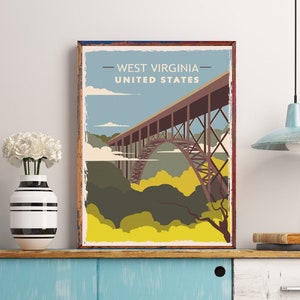West Virginia Travel Poster, New River Gorge Bridge, West Virginia ...
