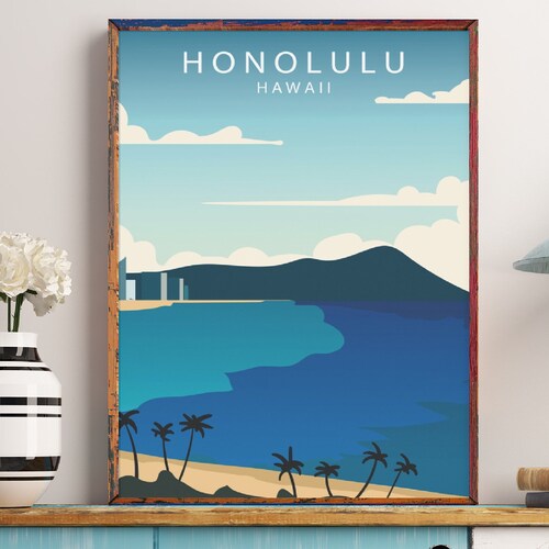 Honolulu Travel Poster Hawaii Print Beach Poster Palm Trees - Etsy